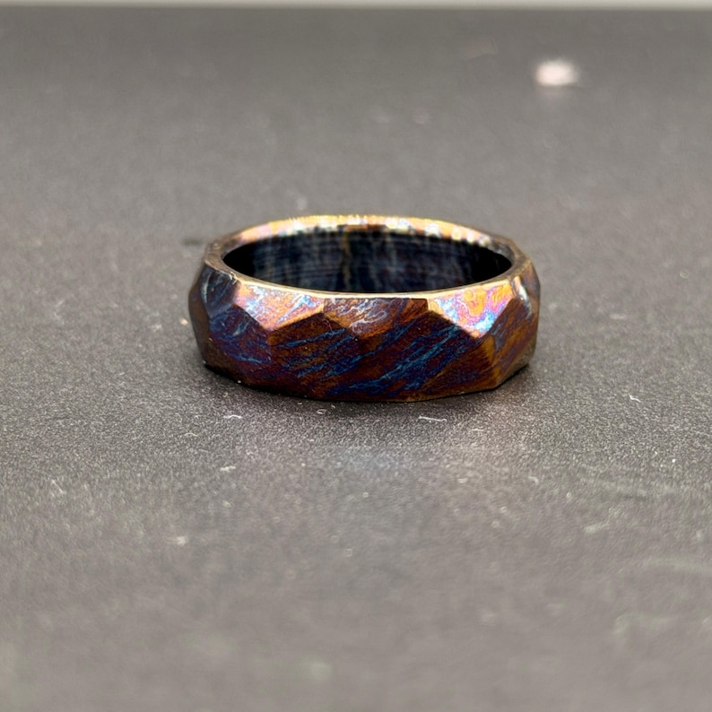 Faceted Titanium Ring | Flamed Electric Blue Wedding Band | Unique ...