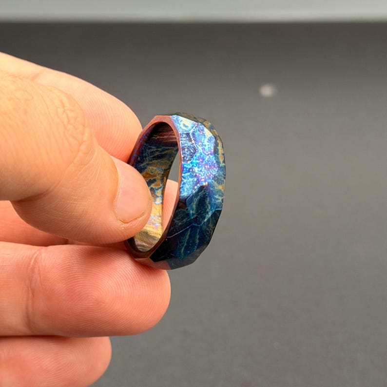 Faceted Titanium Ring | Flamed Electric Blue Wedding Band | Unique ...