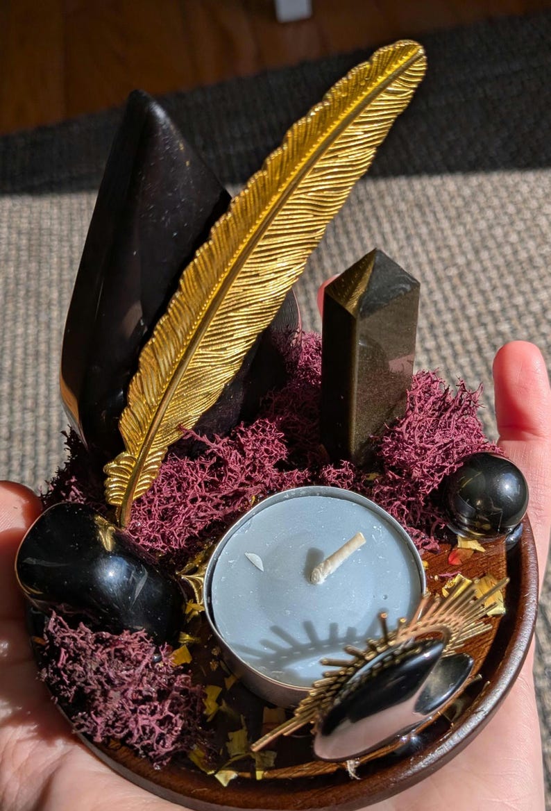 Obsidian and Gold Mini Altar - Ancestor Offering Tea Light and Incense ...