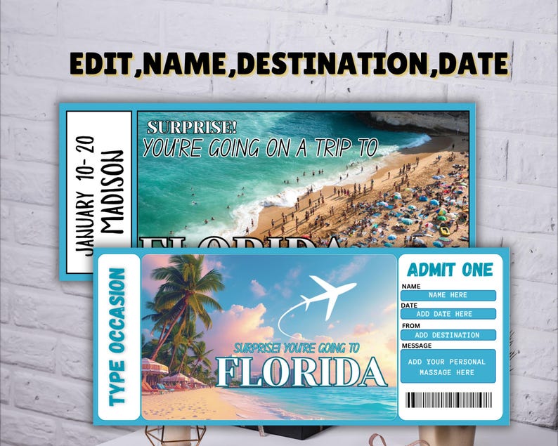 Florida Surprise Trip Ticket Template | Printable Vacation Reveal ...