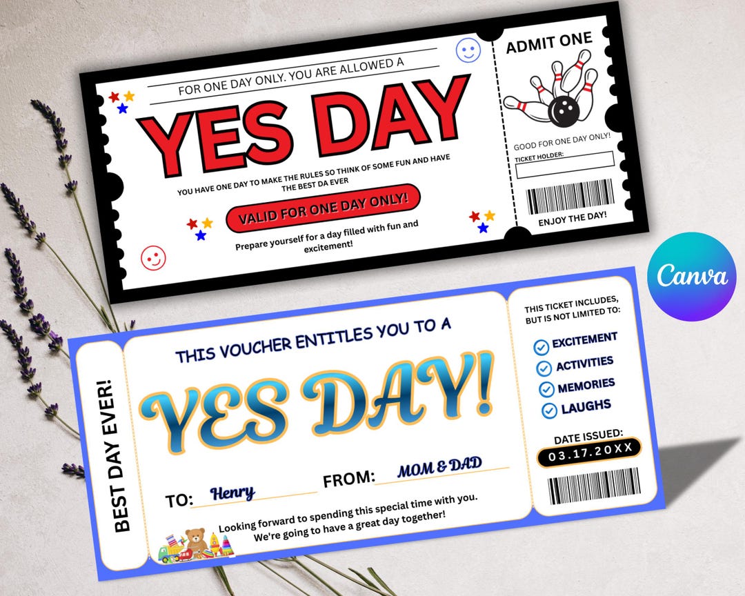 Yes Day Ticket Template Editable, Canva Printable Fun Day Voucher for ...