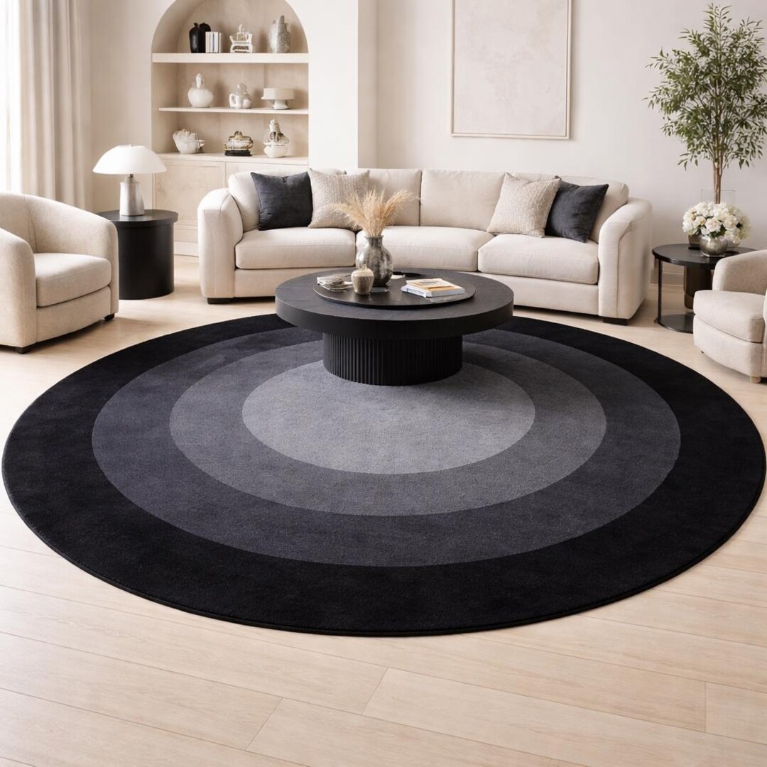 Modern Round Rug Black Grey Circles, Minimalist Area Rug, Contemporary ...