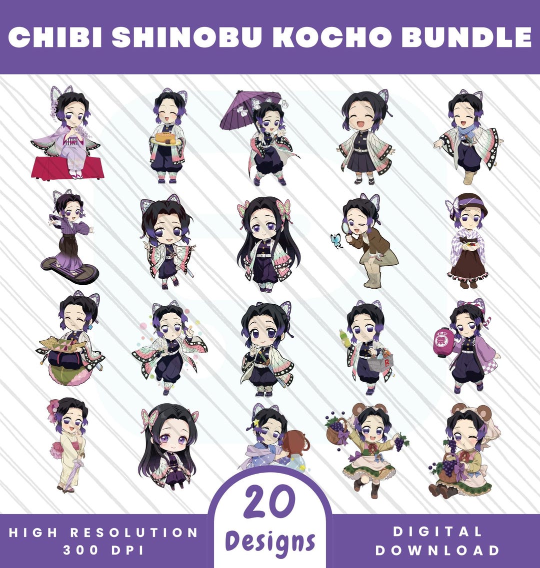20 Chibi Shinobu Kocho PNG Bundle, Demon Slayer Anime Clipart Cute ...
