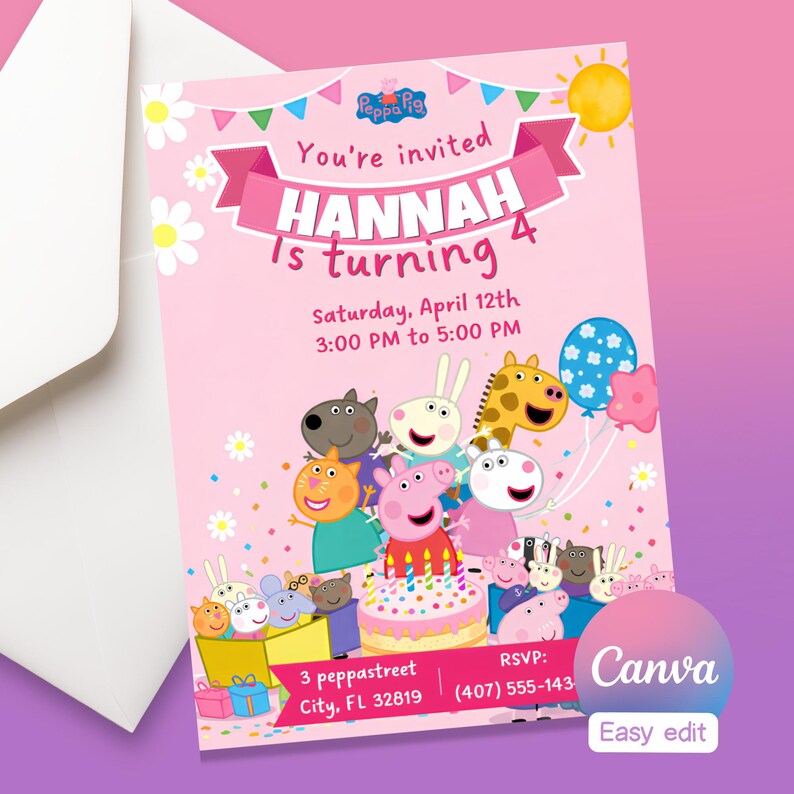 Peppa Pig Birthday Invitation Girl – Editable Canva Template, Pink Kids ...