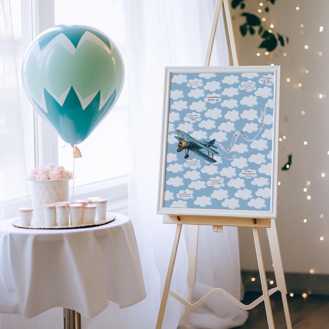 Custom Welcome New Baby Shower Poster Clouds & Airplane Baby Sprinkle ...