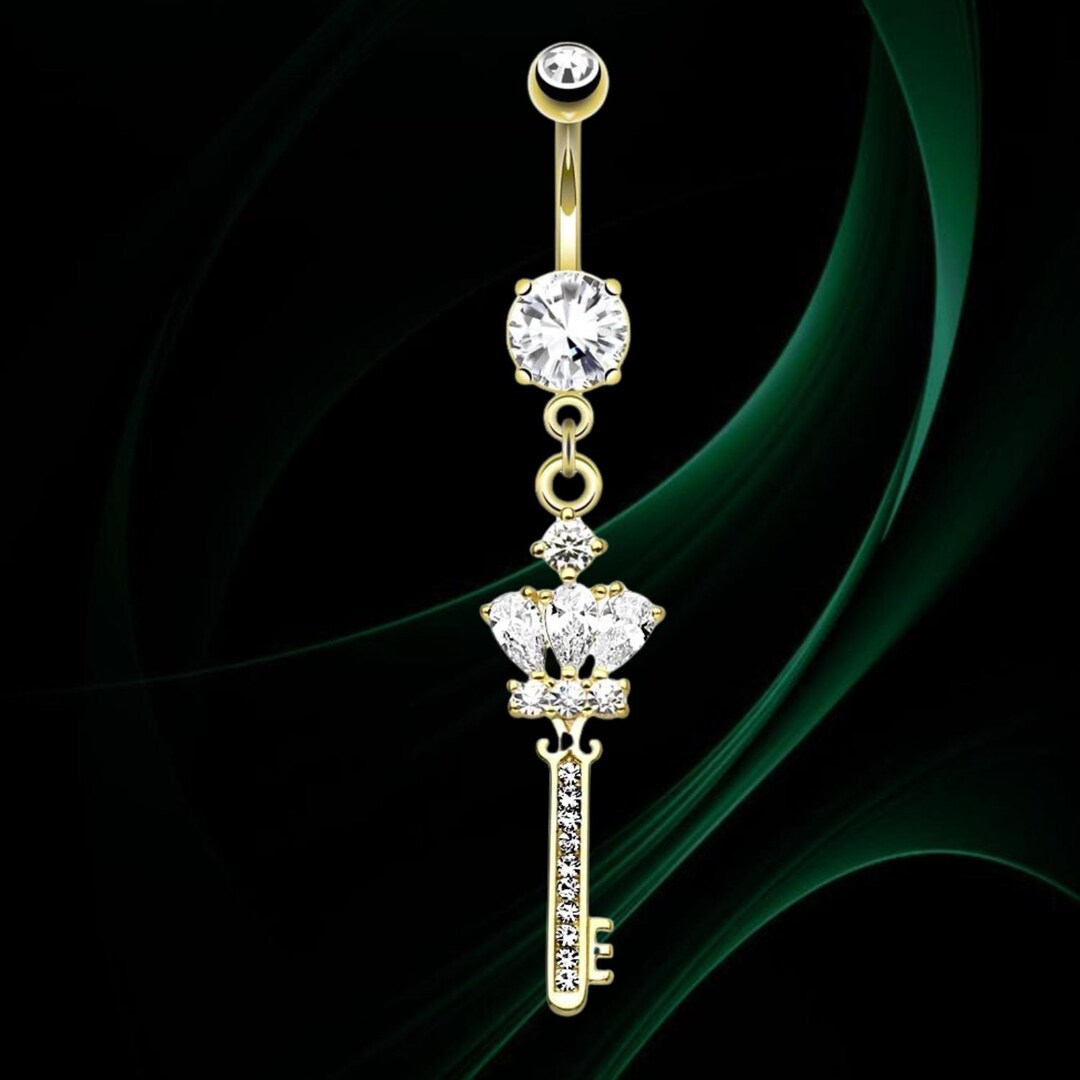 14K Gold Diamond Dangle Key Belly Button Ring ,crown Navel Ring ,curved ...