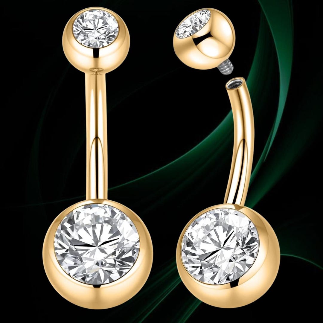 14G 14K Gold Clear Diamond Belly Barbell ,curved Barbell 10mm,belly ...