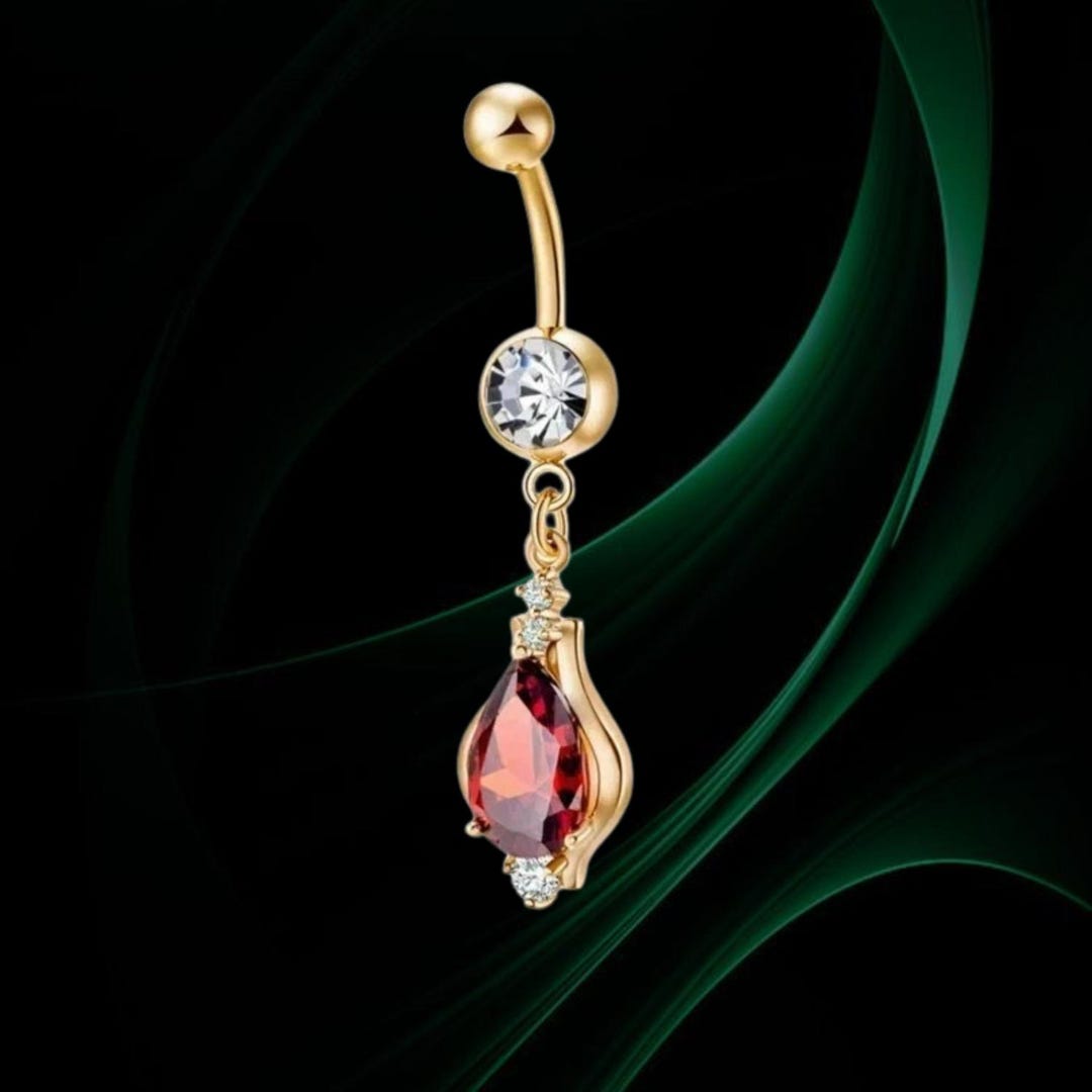 14k Gold Belly Button Ring Navel Ring Pear Shape Red Ruby Gold Piercing ...