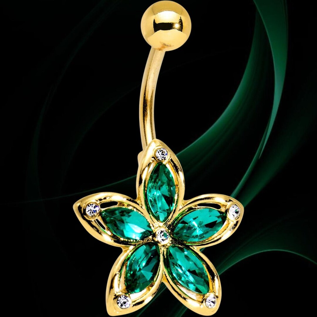 14K Gold Dangle Lotus Belly Button Ring Flower Navel Ring ,curved ...