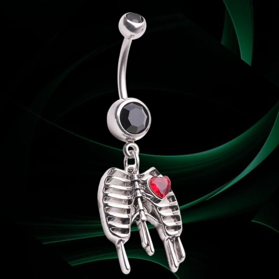 Gothic Skeleton Red Heart Belly Button Ring - Dangle Belly Ring ...