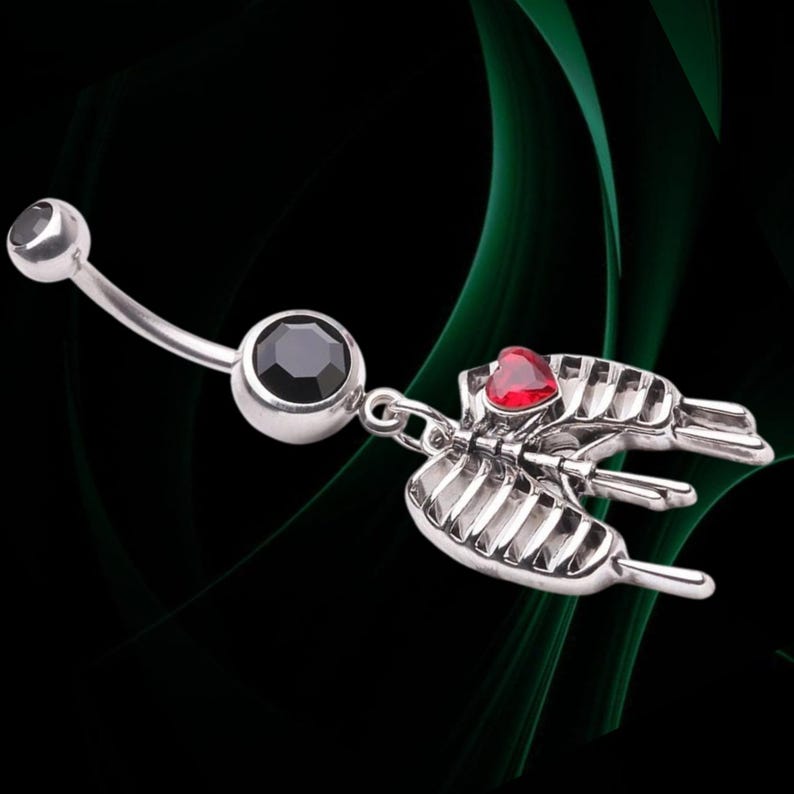 Gothic Skeleton Red Heart Belly Button Ring - Dangle Belly Ring ...