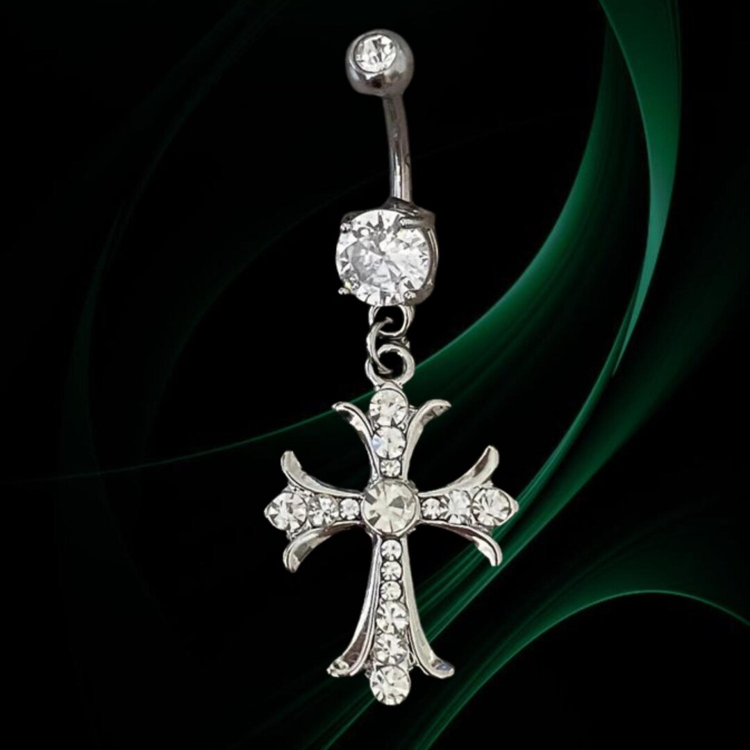 14k Gold Cross Belly Button Ring Diamond Navel Piercing, Religious ...