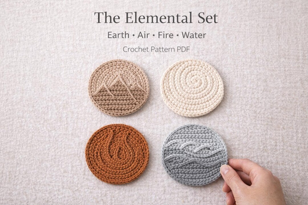 The Elemental Set Crochet Pattern PDF | Earth Air Fire Water Coasters ...