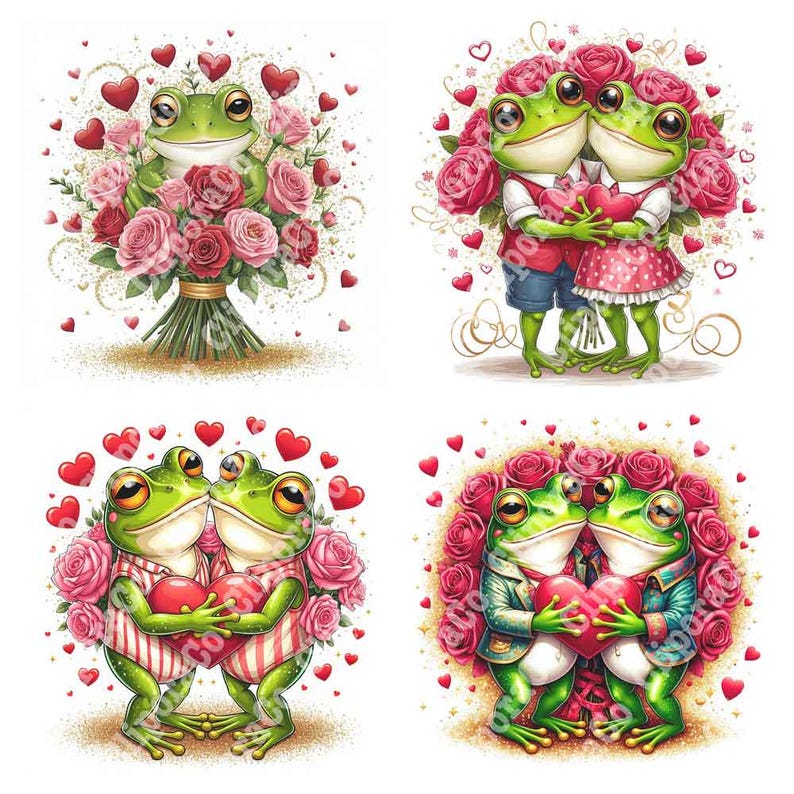 JPEG Valentine Frogs Clipart Bright Cartoon Frogs Couple Hearts Flowers ...