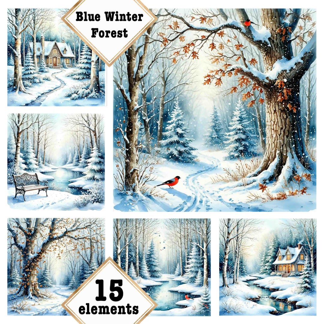 Light Blue Winter Forest Clipart Bundle JPEG Instant Download Christmas ...
