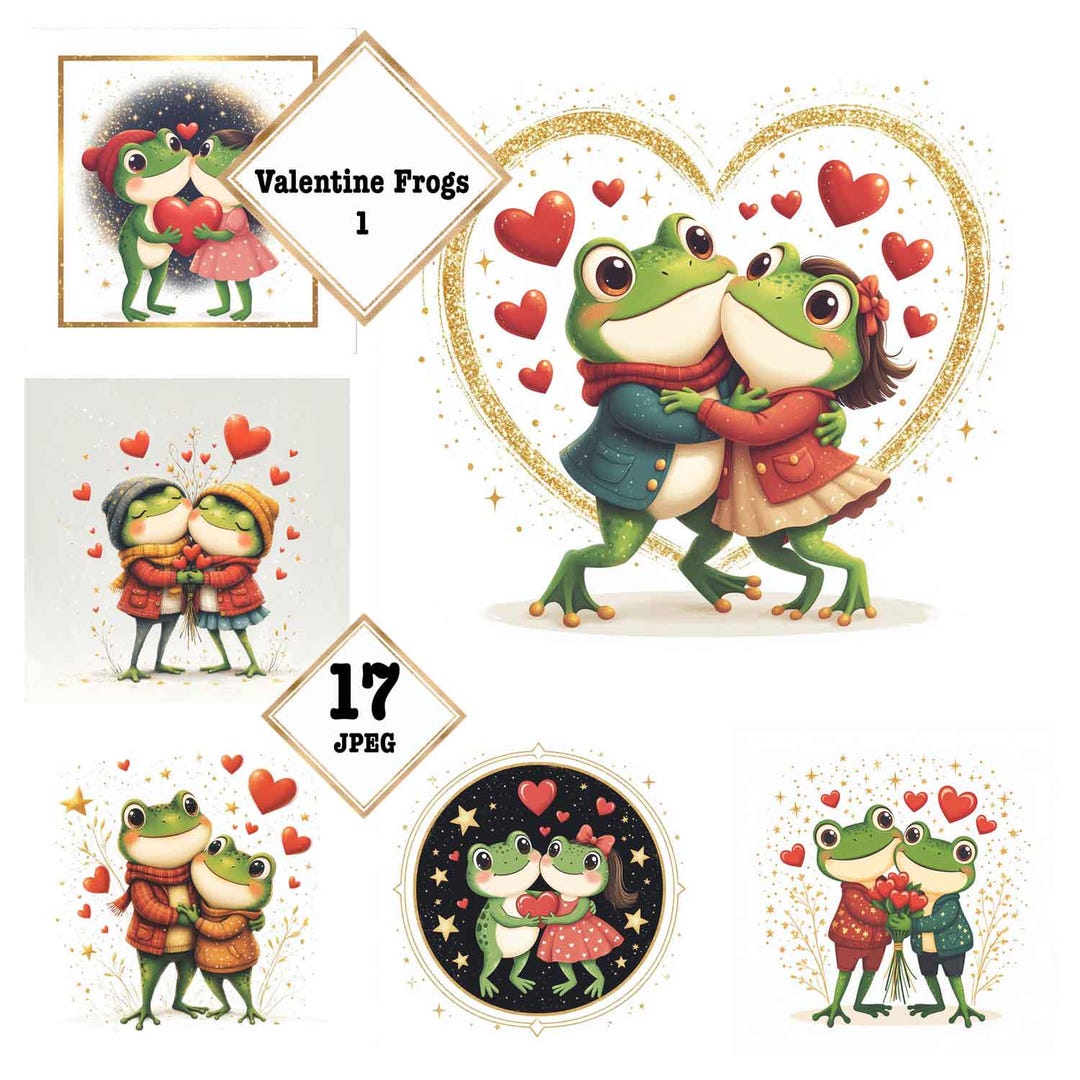 JPEG Valentine Frogs Clipart Naive Cartoon Frogs Couple Hug Hearts ...