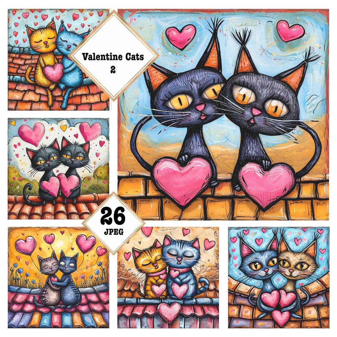 JPEG Valentine Cats Clipart Bold Cat Couple Hearts Colorful Digital ...
