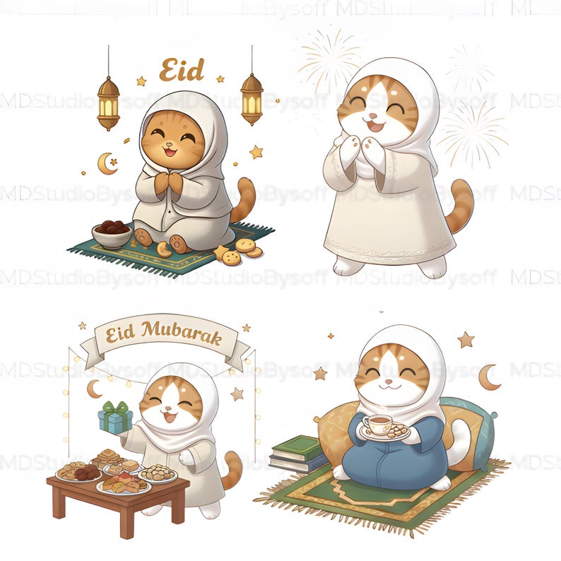 Eid Mubarak Cat Clipart Bundle PNG/JPG Part 1 - Etsy
