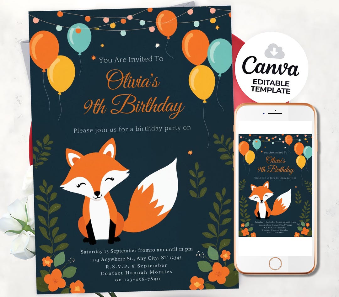 Editable FOX INVITATION Fox Birthday Invitations FOX Party First ...