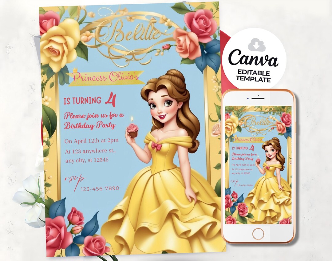 Princess Belle Invitation Birthday Belle Birthday Invitation Belle ...