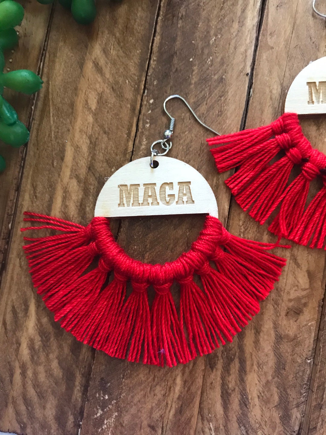 MAGA Earrings Red Dangle Statement Fringe Wood USA America Patriotic ...