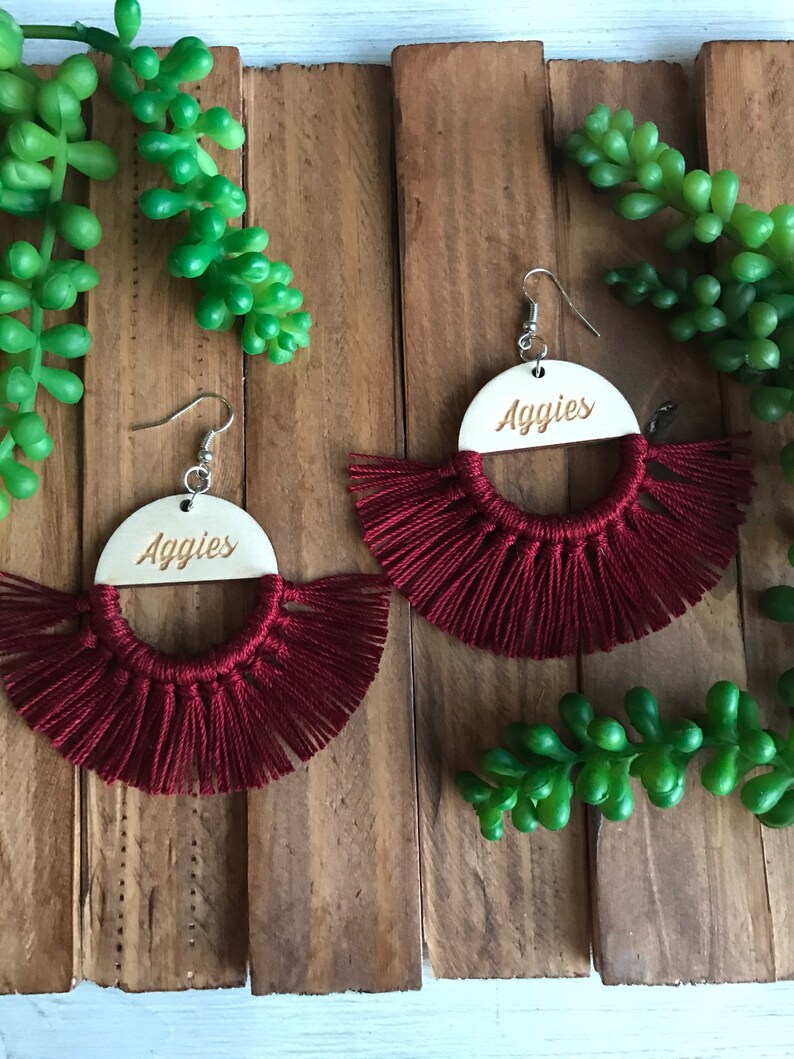 Aggies Earrings Dangle Statement Fringe Wood Maroon Burgundy - Etsy