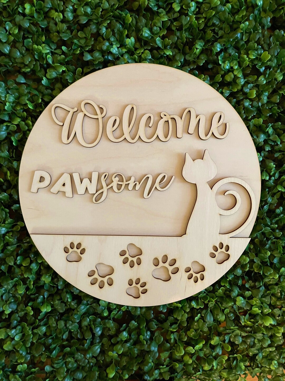 DIY Wood Sign - Cat Welcome Pawsome Unfinished Cut Out Door Hanger Wall ...