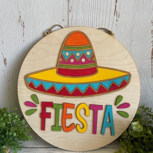 Fiesta Wood Sign - Finished Hand Painted Door Hanger Wall Decor Round ...