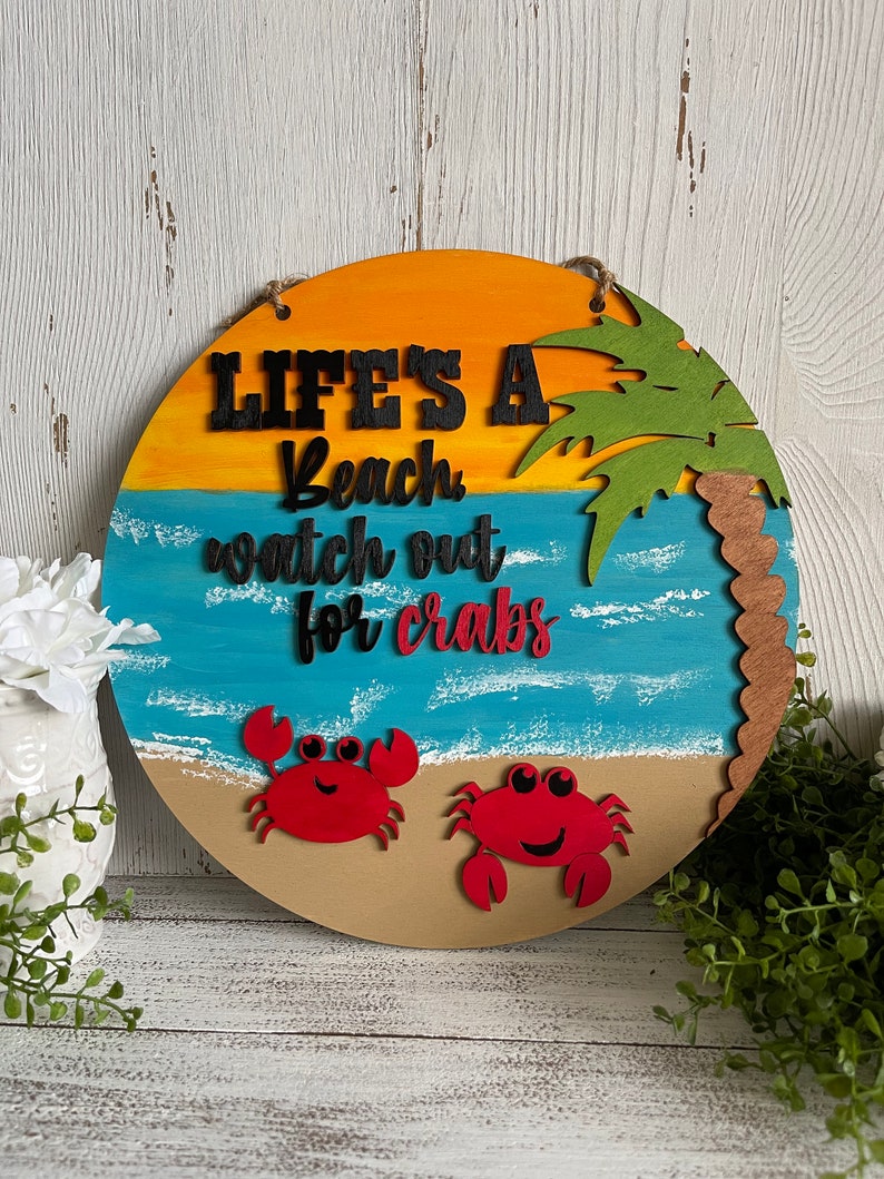 Beach Wood Sign - Life is a Beach Crabby Crabs Home Decor Door Hanger ...