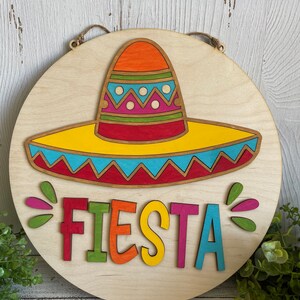 Fiesta Wood Sign - Finished Hand Painted Door Hanger Wall Decor Round ...