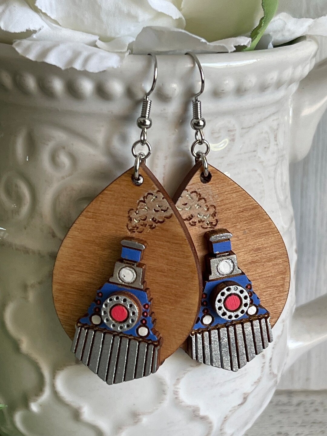 Train Earrings - Steam Express Train Wood Dangle Statement Railroad ...