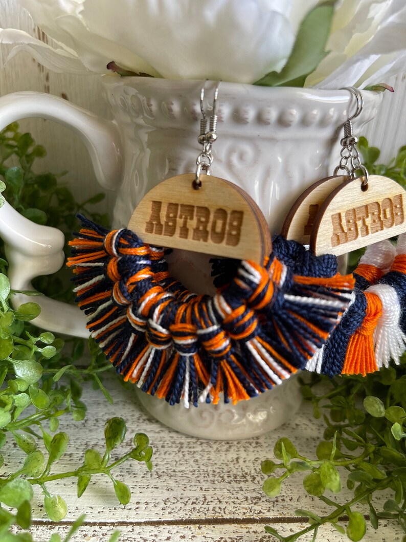 Astros Earrings Dangle Statement Fringe Wood High School Pop - Etsy
