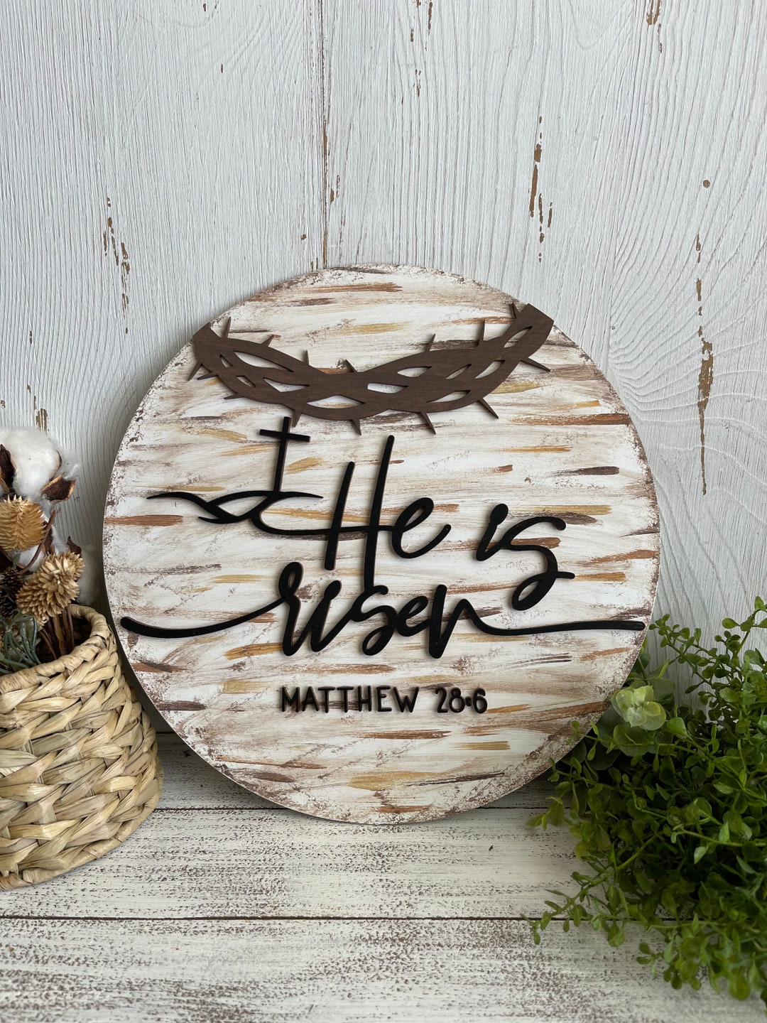 He is Risen Wood Sign - Finished Hand Painted Wall Decor Sign Kit Round ...