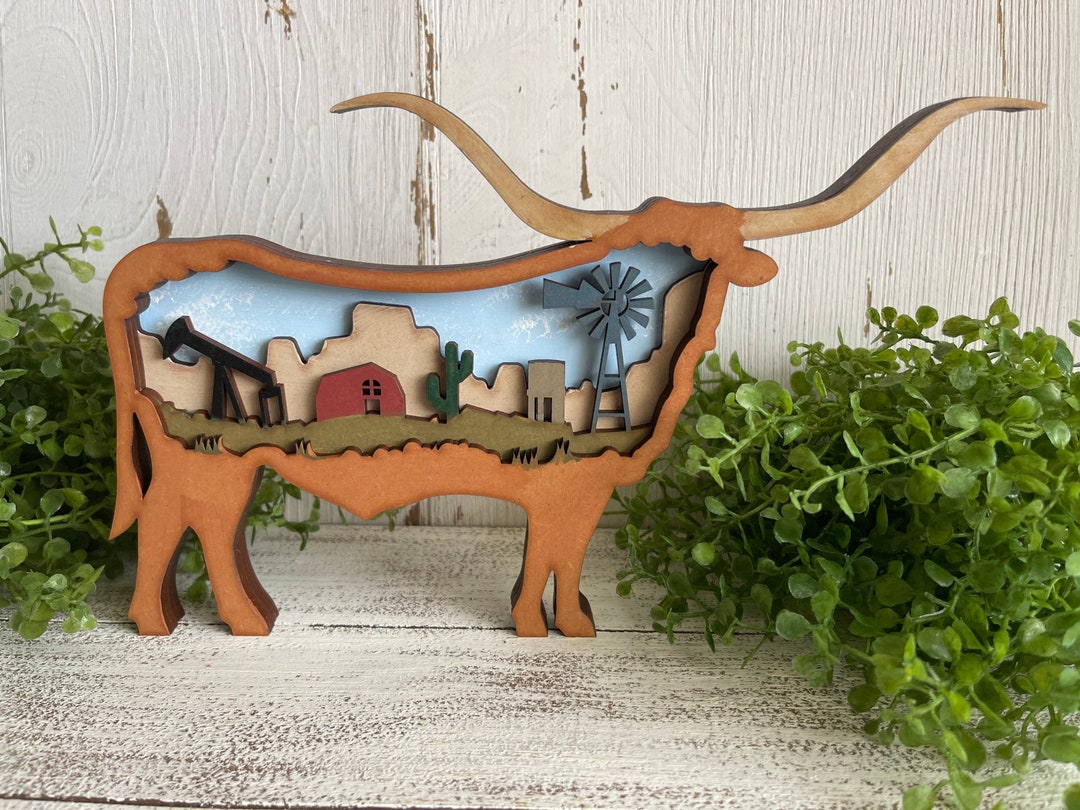 Longhorn Wood Sign Shelf Sitter - Leaner Multi Layer Home Decor Western ...