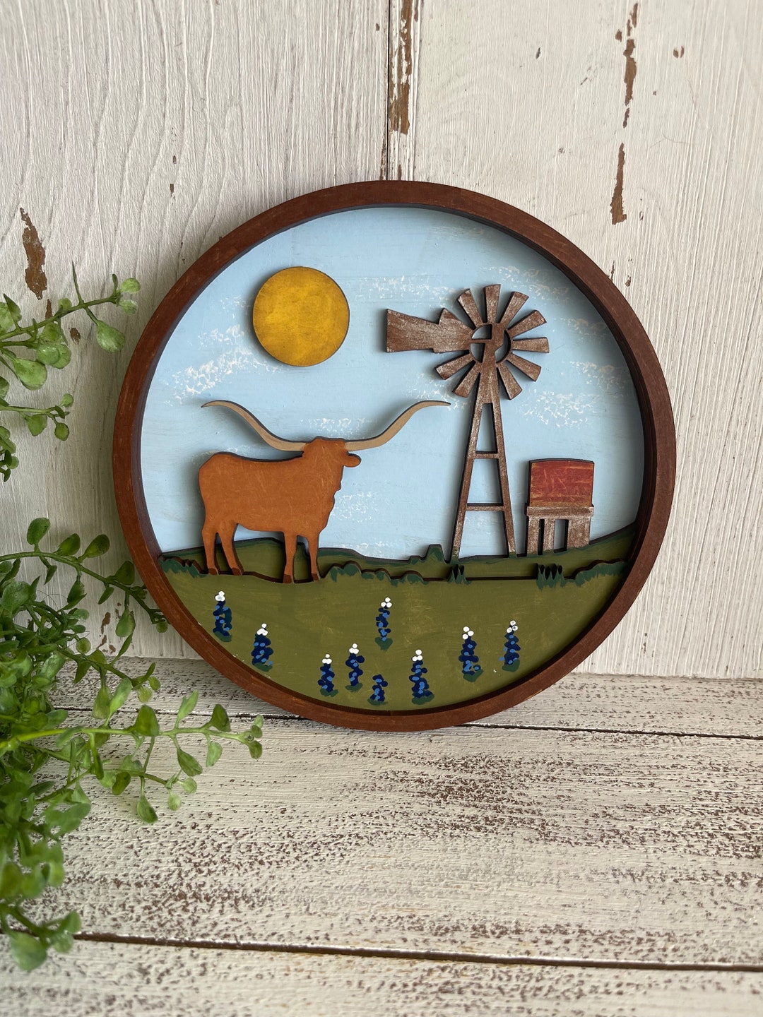 Longhorn Wood Sign Shelf Sitter - Round Leaner Multi Layer Home Decor ...