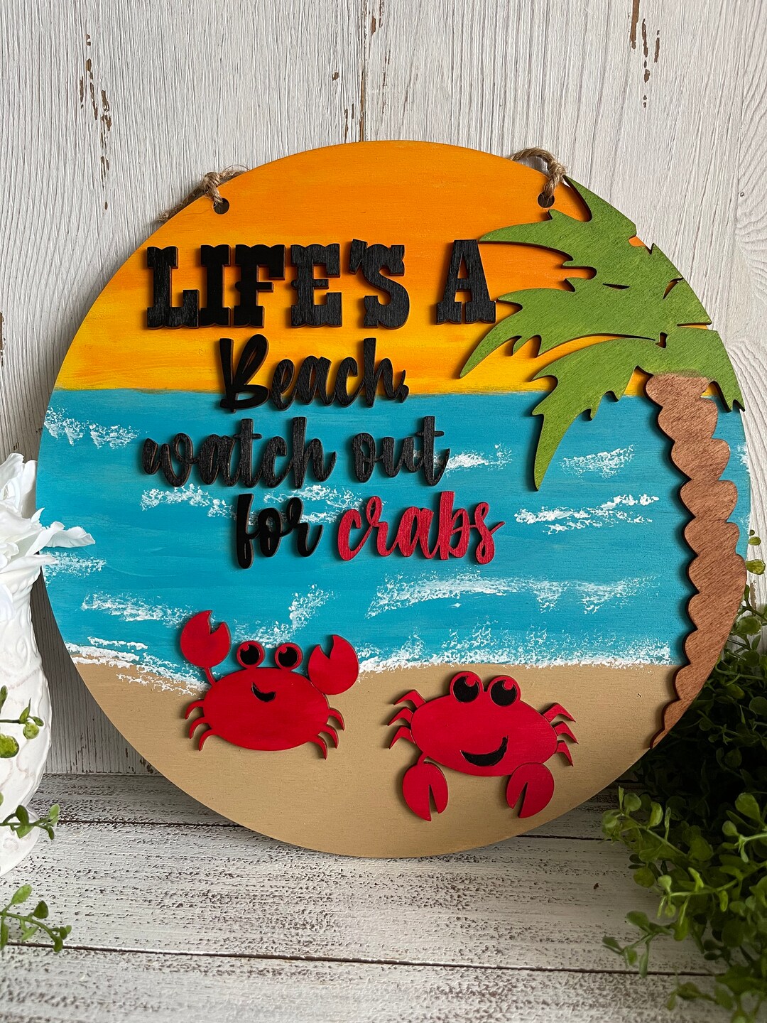 Beach Wood Sign - Life is a Beach Crabby Crabs Home Decor Door Hanger ...