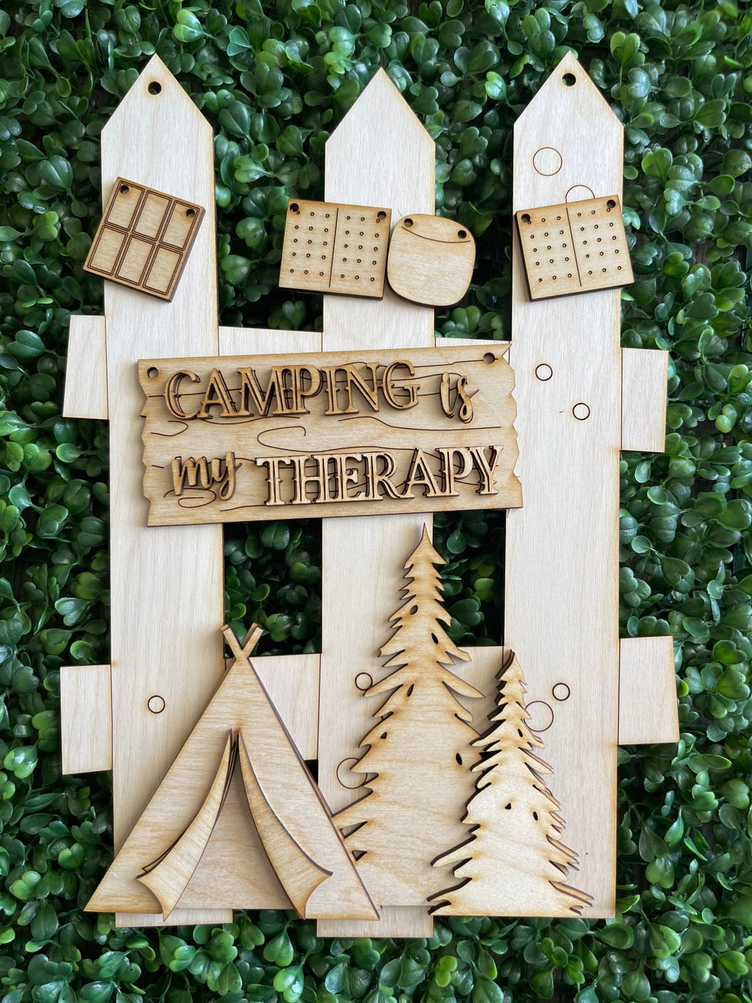 Fence DIY Wood Sign - Camping is My Therapy Unfinished Cut Out Door ...