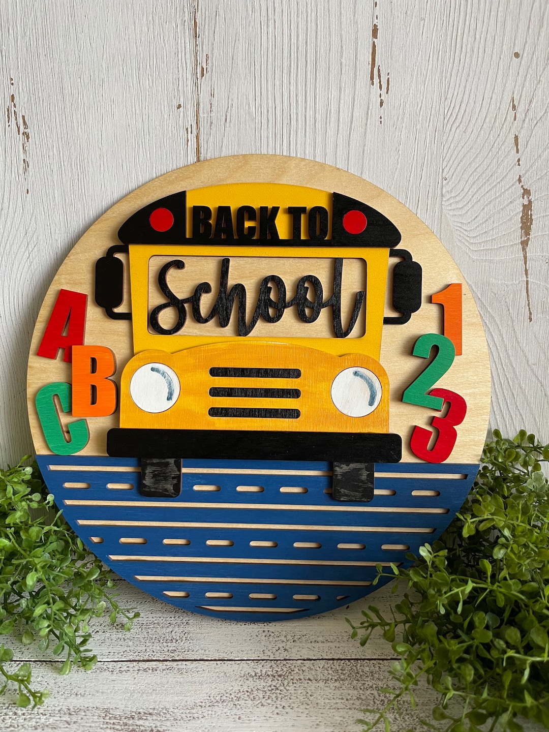 Back to School Wood Sign - Finished Hand Painted Round Teacher Bus ...