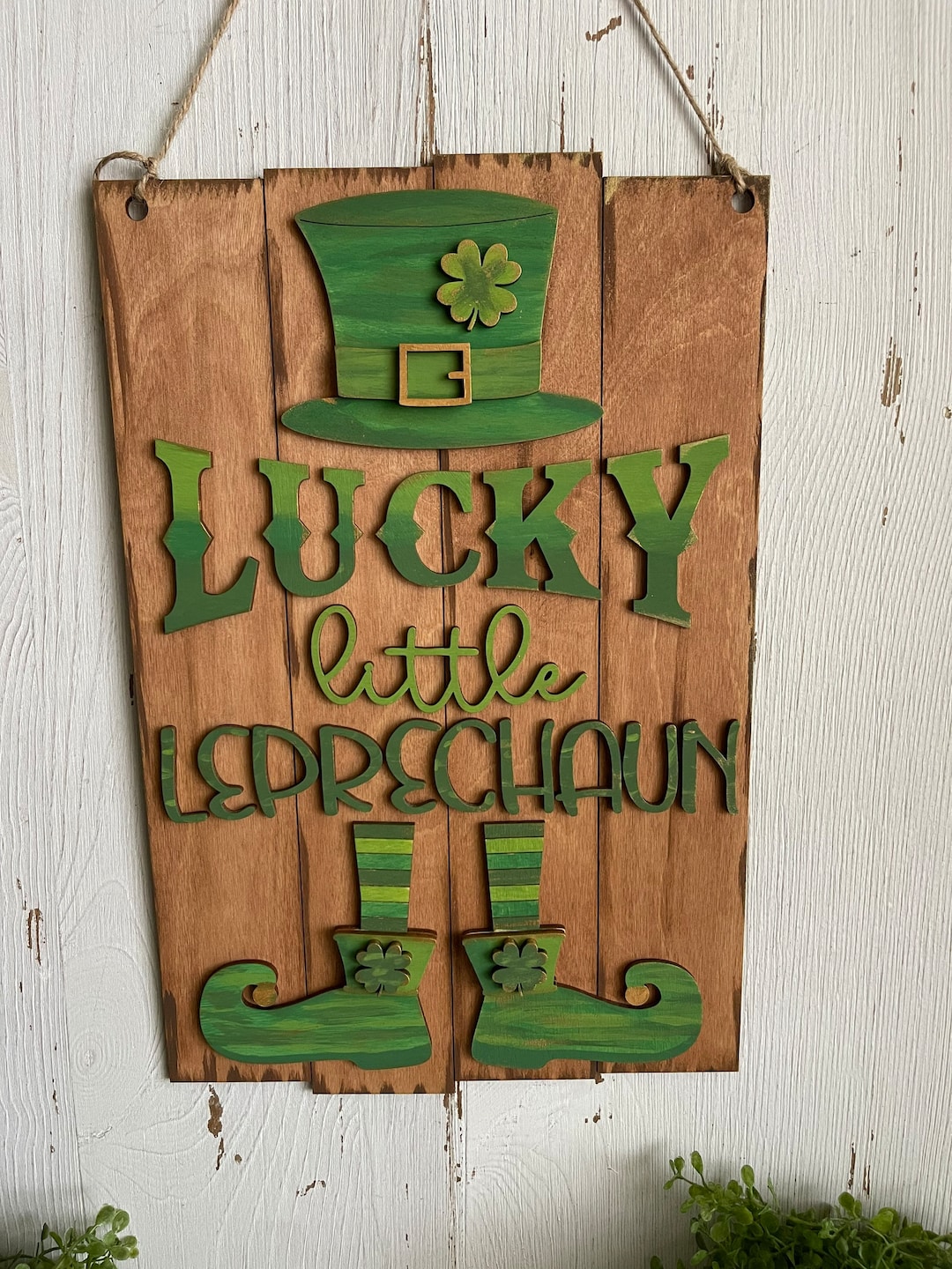 St. Patrick’s Day Lucky Little Leprechaun Distressed Wood Sign - Green ...