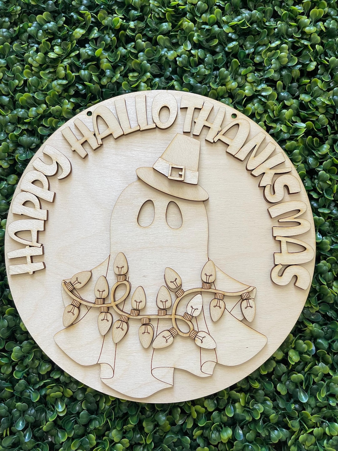 Happy Hallothanksmas DIY Wood Sign - Ghost Fall Round Unfinished Cut ...