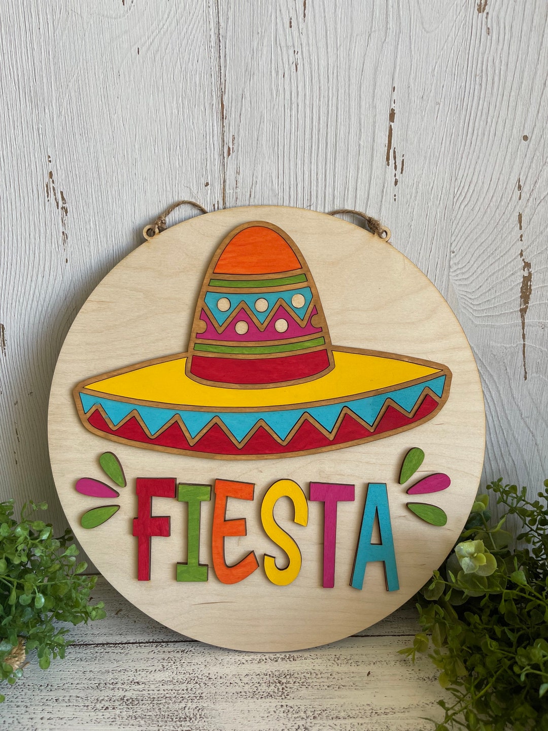 Fiesta Wood Sign - Finished Hand Painted Door Hanger Wall Decor Round ...