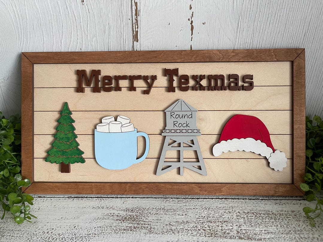 Christmas Wood Sign - Merry Texmas Round Rock Edition Water Tower ...