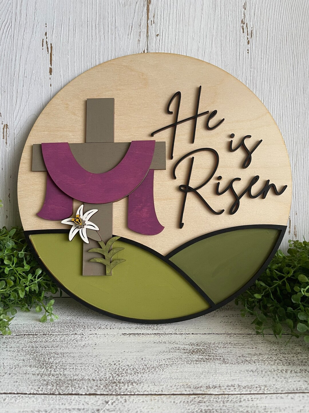 He is Risen Wood Sign - Finished Hand Painted Wall Decor Sign Kit Round ...