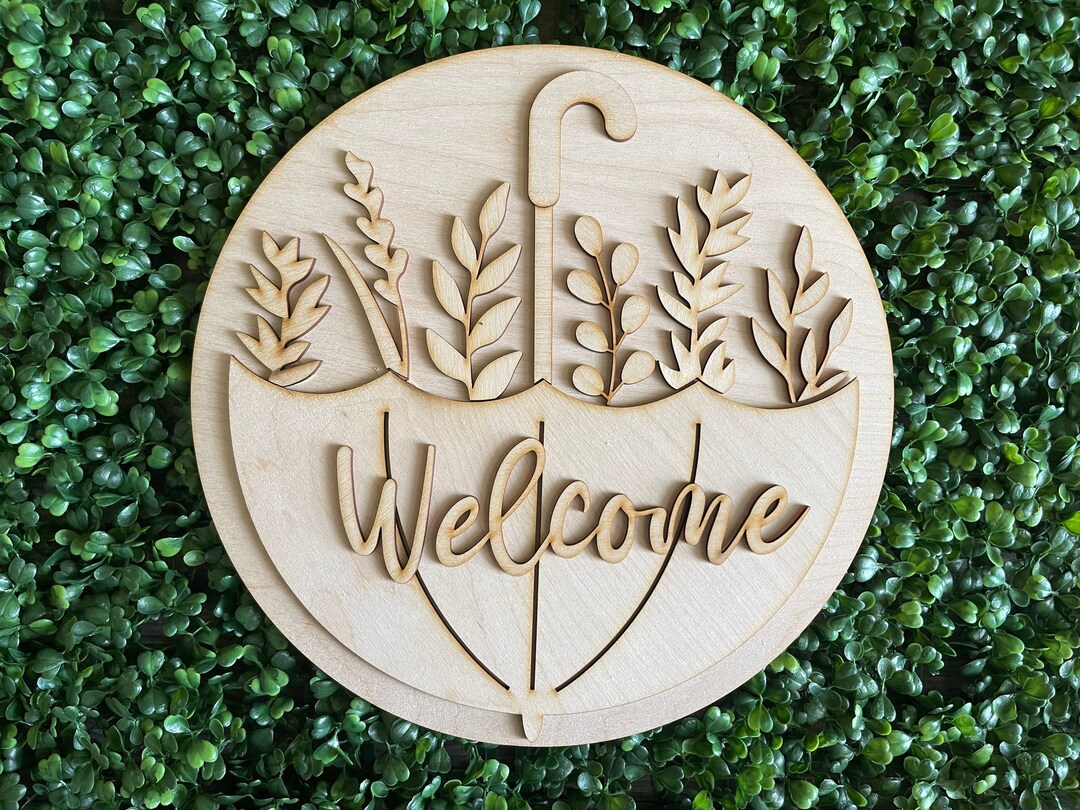 Spring DIY Sign - Welcome Umbrella Home Decor Door Hanger Round Wreath ...