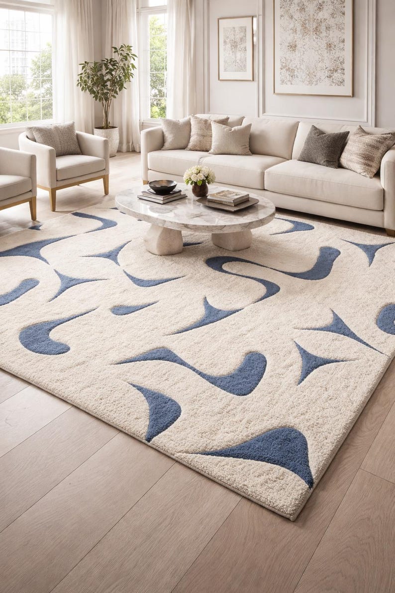 Cream and Blue Abstract Wavy Area Rug Modern Sculptural Pattern Rug for ...