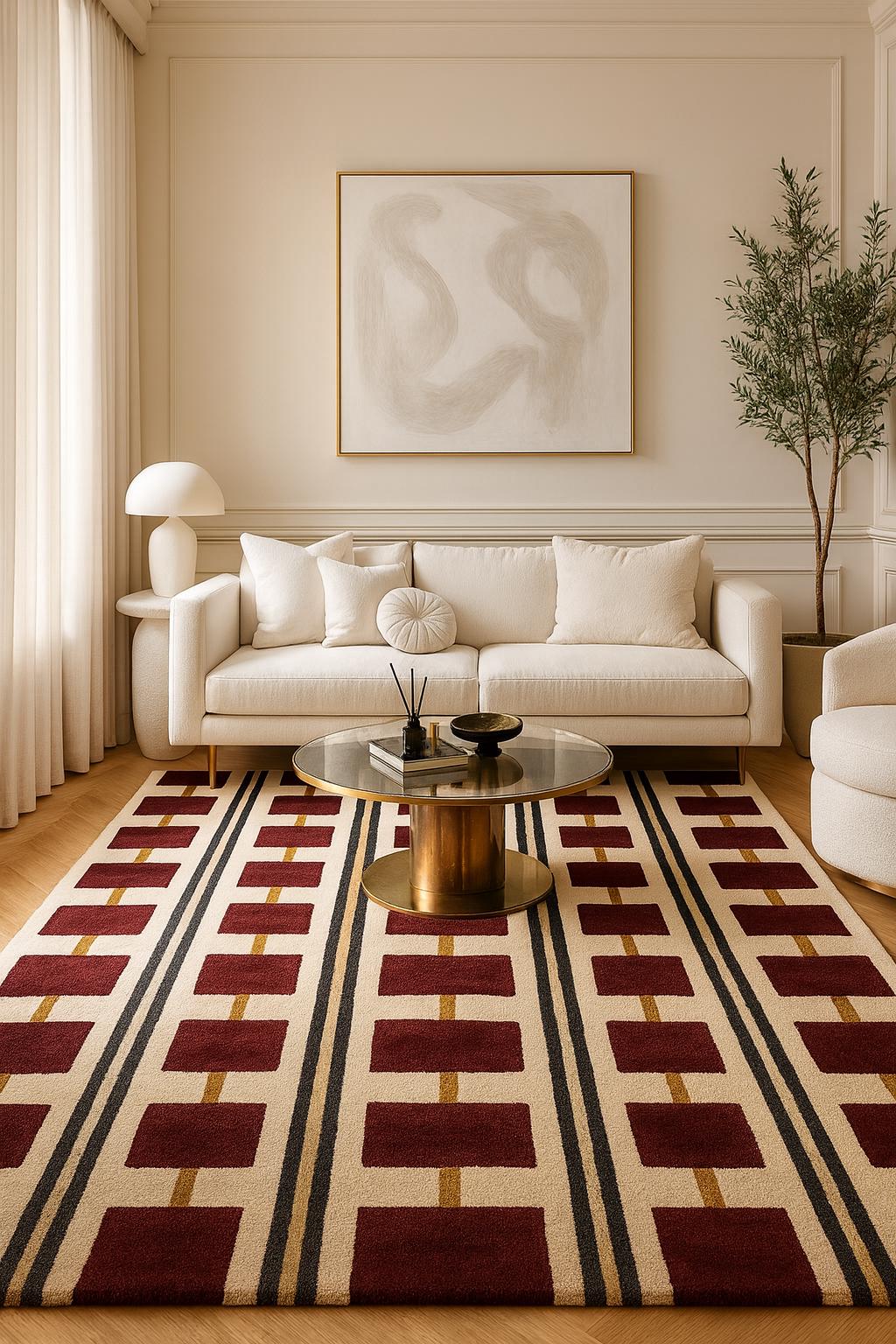 Burgundy and Cream Geometric Area Hand Tufted Rug | Modern Grid Pattern ...