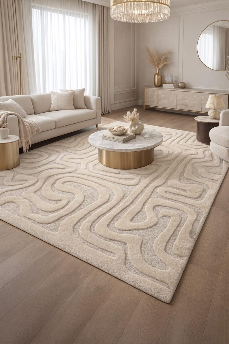 Ivory Cream Hand Tufted Wool Rug | High Low Pile Sculpted Wave Modern ...