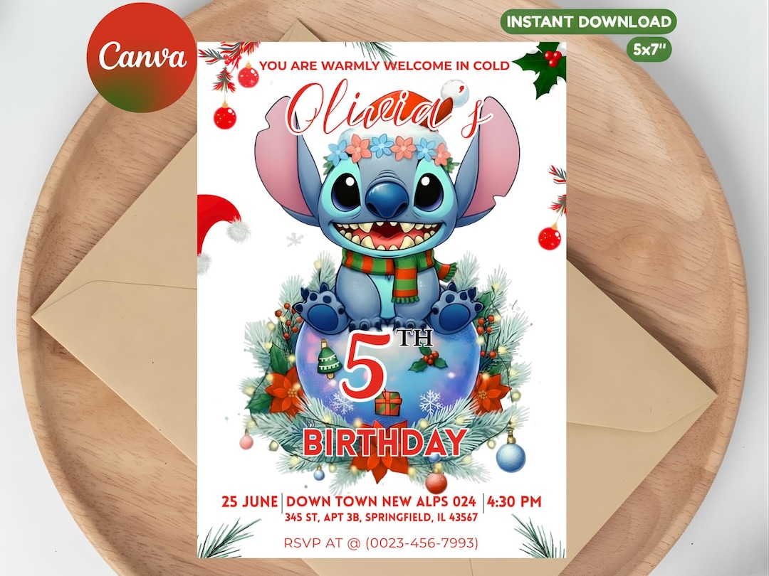 Editable Stitch Christmas Birthday Invitation, Christmas Party ...