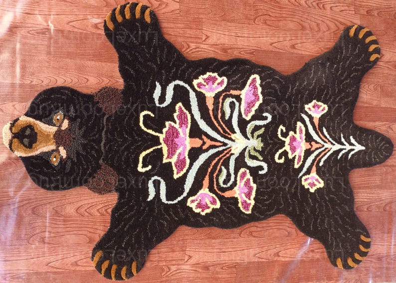 Black Bear Shaped Rug Floral Pattern Tufted Animal Rug, Boho Woodland ...