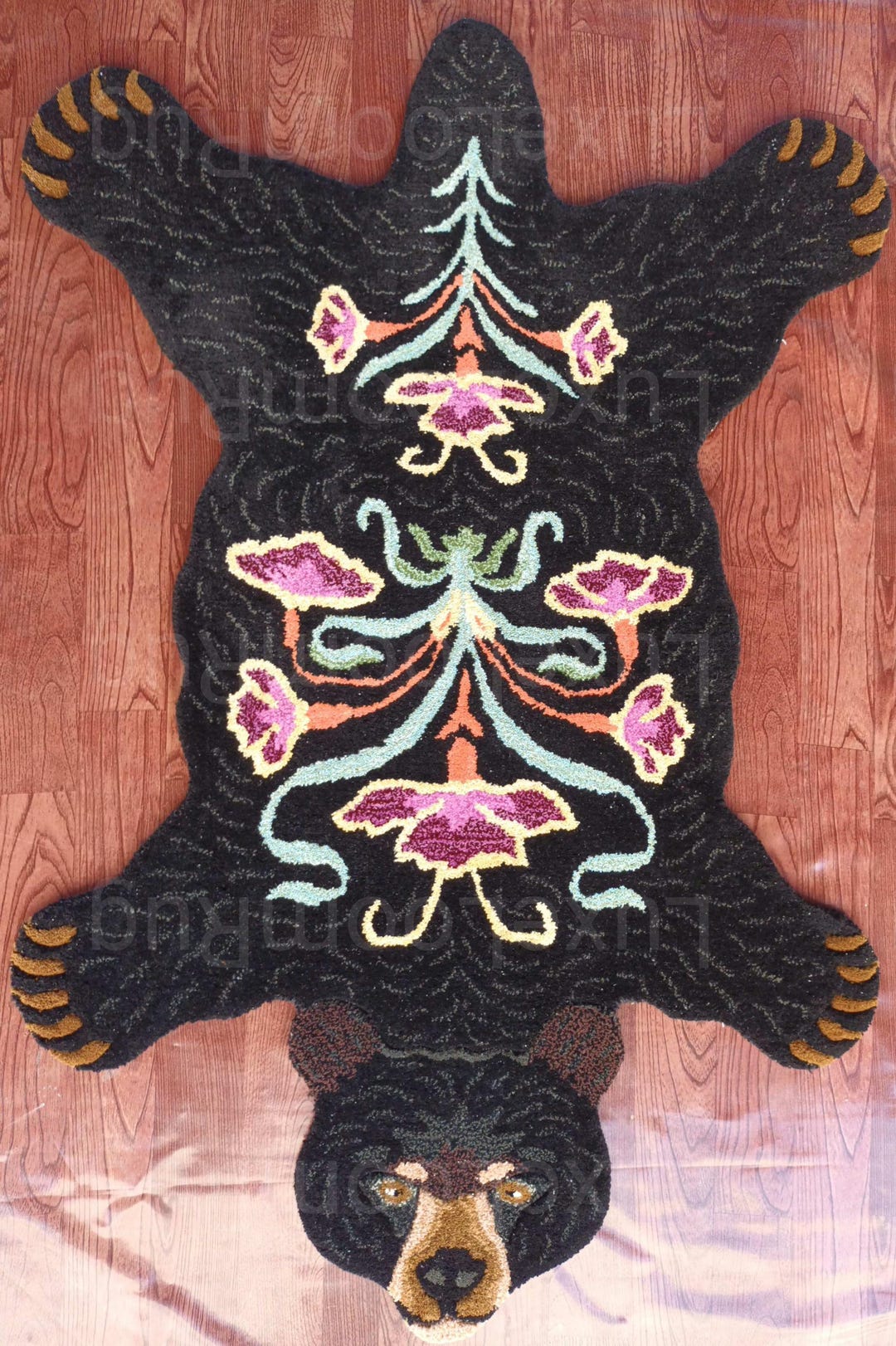 Black Bear Shaped Rug Floral Pattern Tufted Animal Rug, Boho Woodland ...